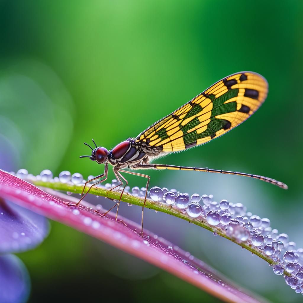Extreme close up of a Mayfly on a tiny mushroom, Morning dewdrops, Very ...