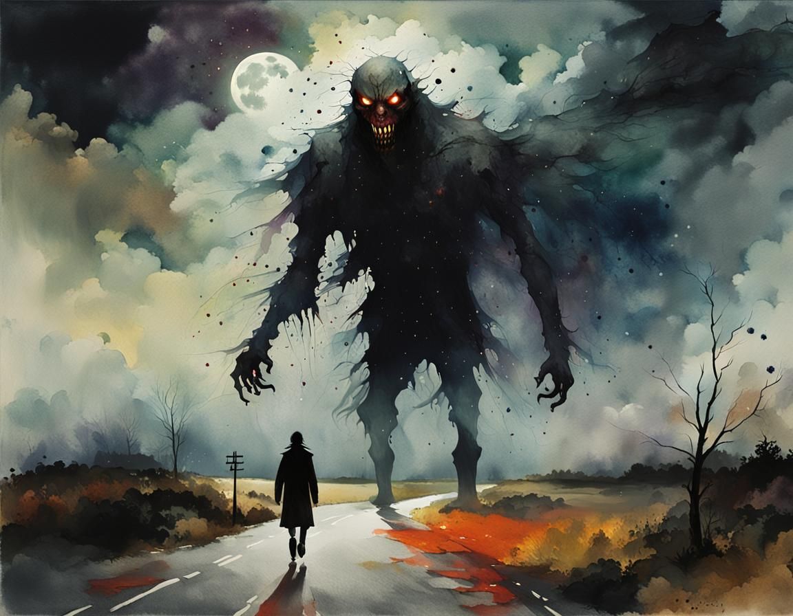 A lone single dark human figure walking along a dark road with a large ...