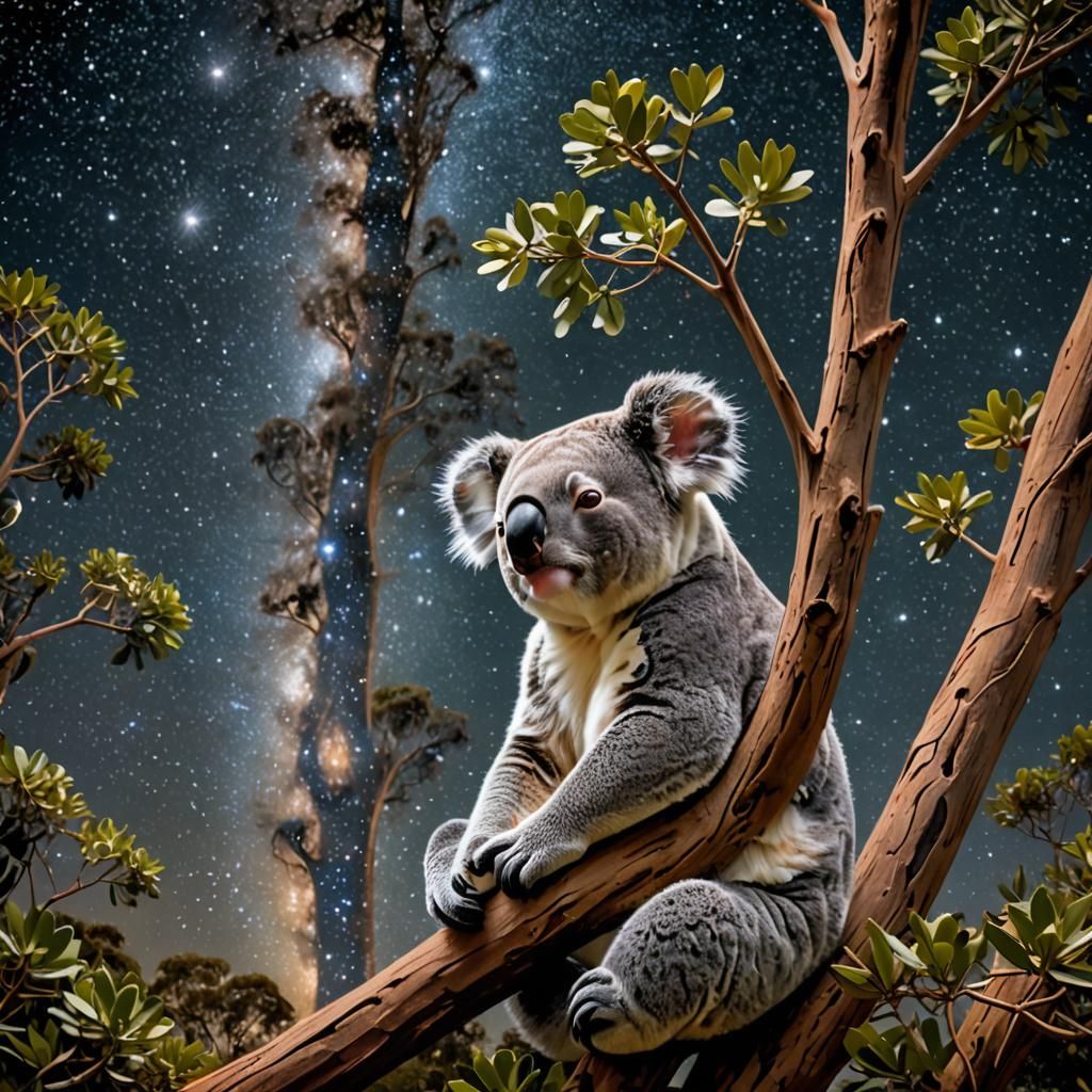 A peaceful koala bear sits atop a sturdy eucalyptus tree, enjoying a ...