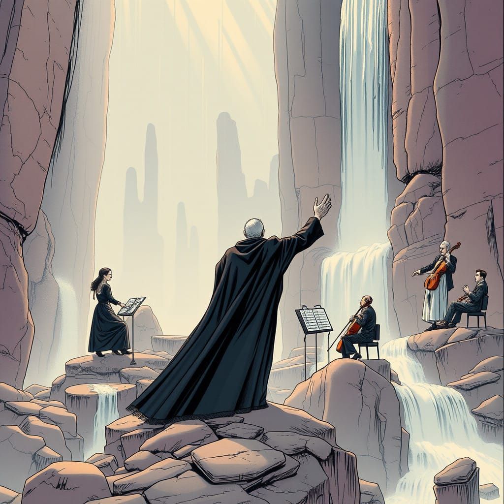 Moebius-Style Sci-Fi Figure Conducts Orchestra Ben... - AI Art