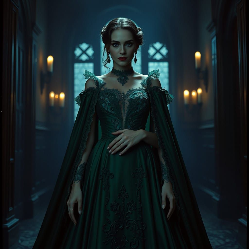 Ethereal Vampire in Emerald Green Victorian Gown - AI Art