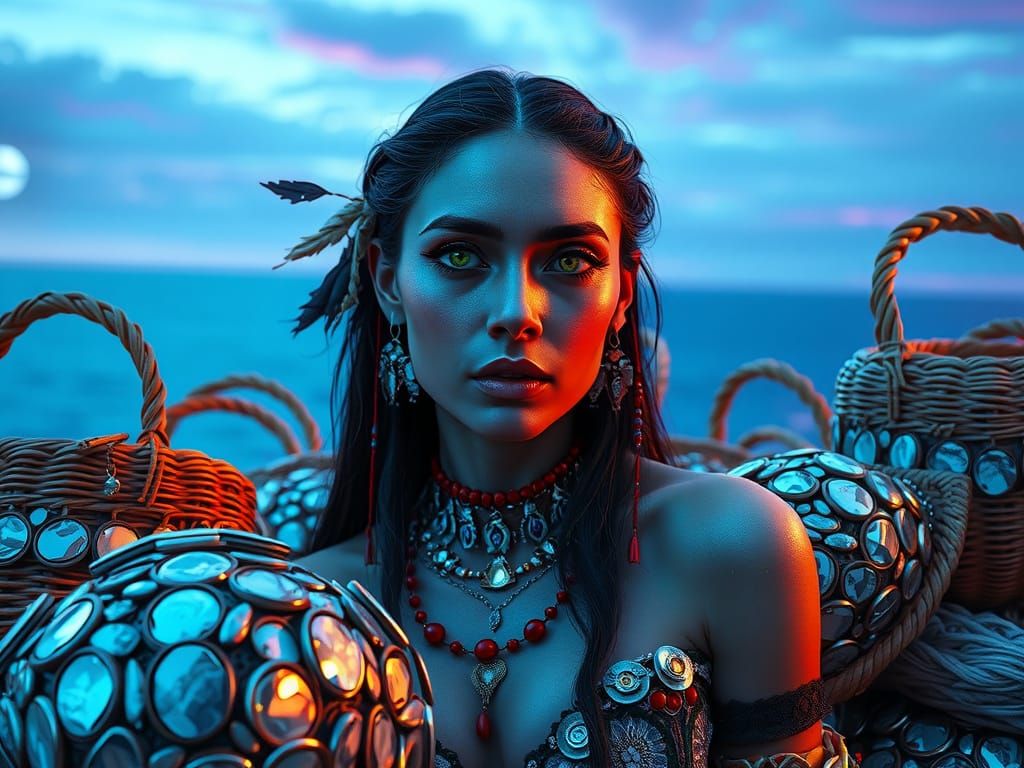 Gothic Luxury Goddess Among Abalone Baskets - AI Art