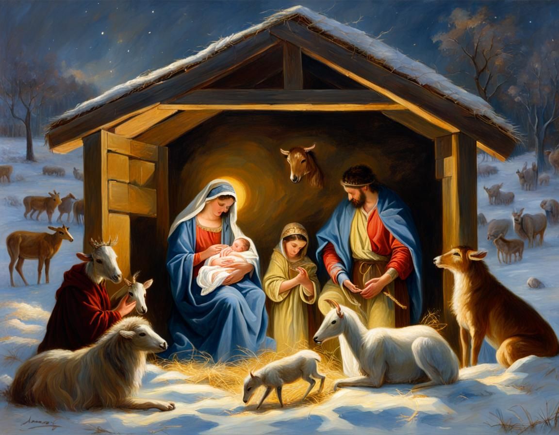 A painting of The Nativity with animals worshiping the baby Jesus - AI ...