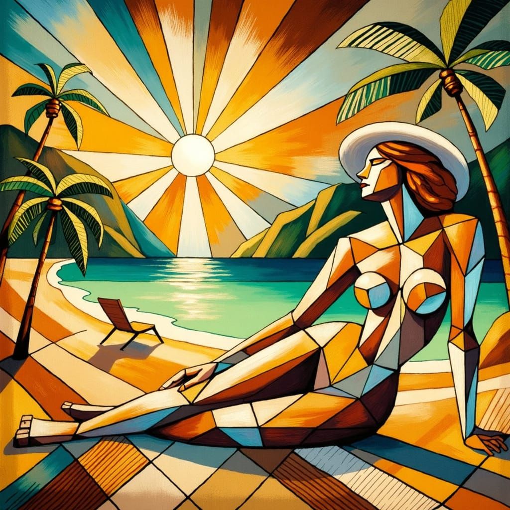 Vibrant Tropical Beach Scene in Neo-Cubist Oil Pai... - AI Art