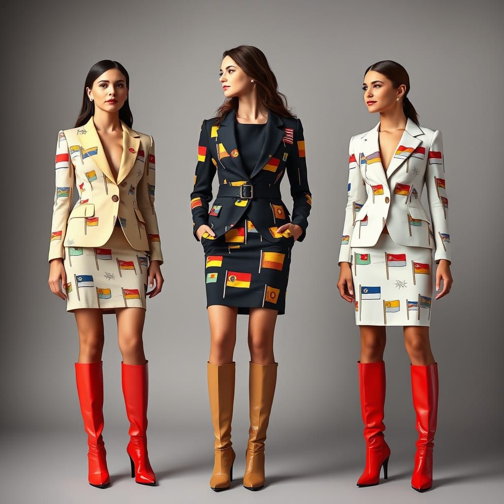 Semaphore flag patterned blazers/dresses/skirt suits with boots, age unspecified