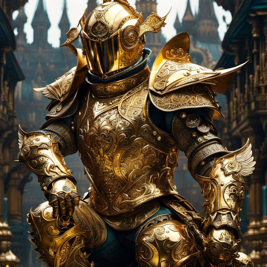 extremely detailed complet "Shiny golden Filligree Armour!", a ...