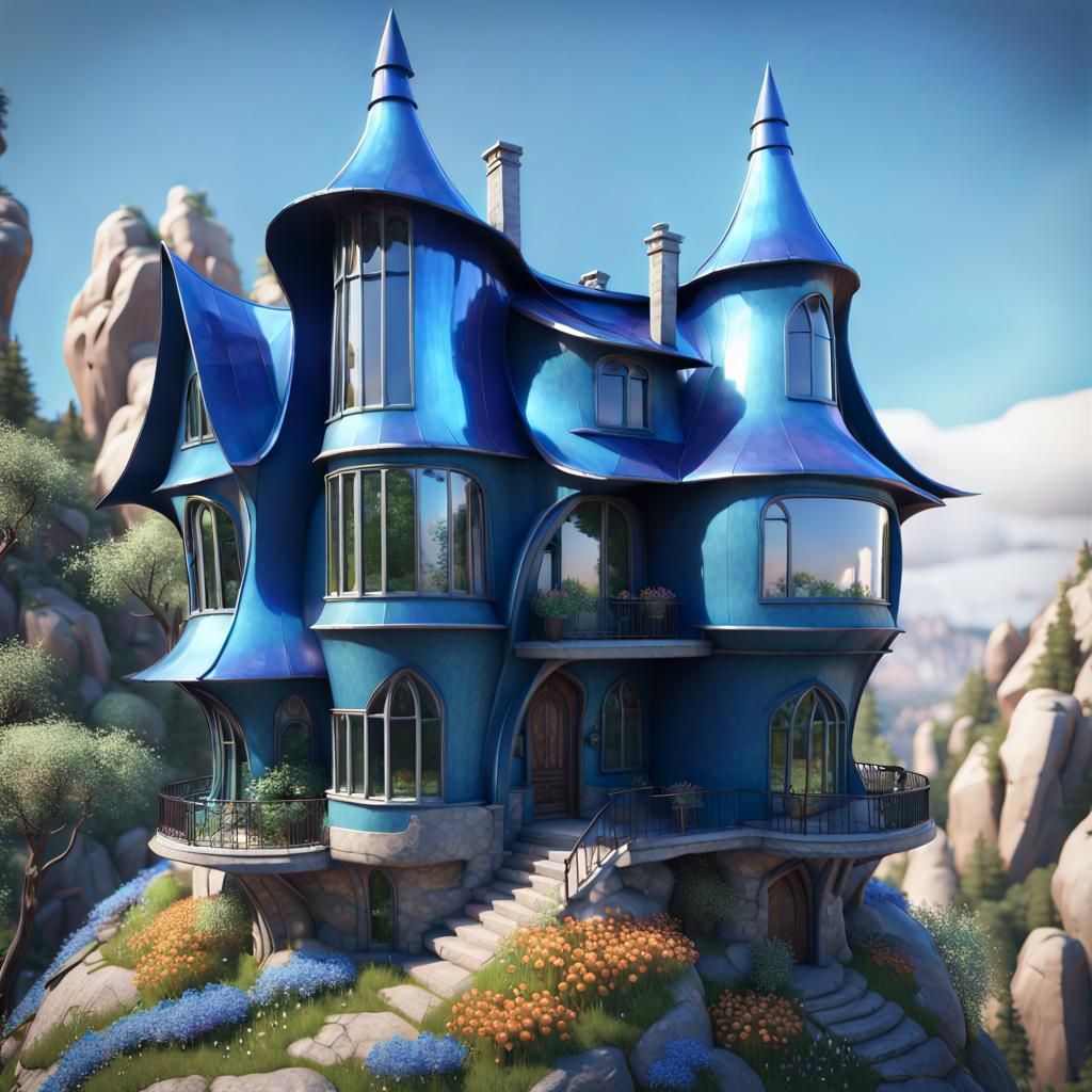 Whimsical blue multi-level house with curved swoopy windows and tall ...