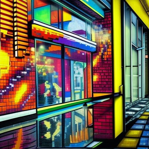 16-bit pixel art, outside of café on rainy day, light coming from ...