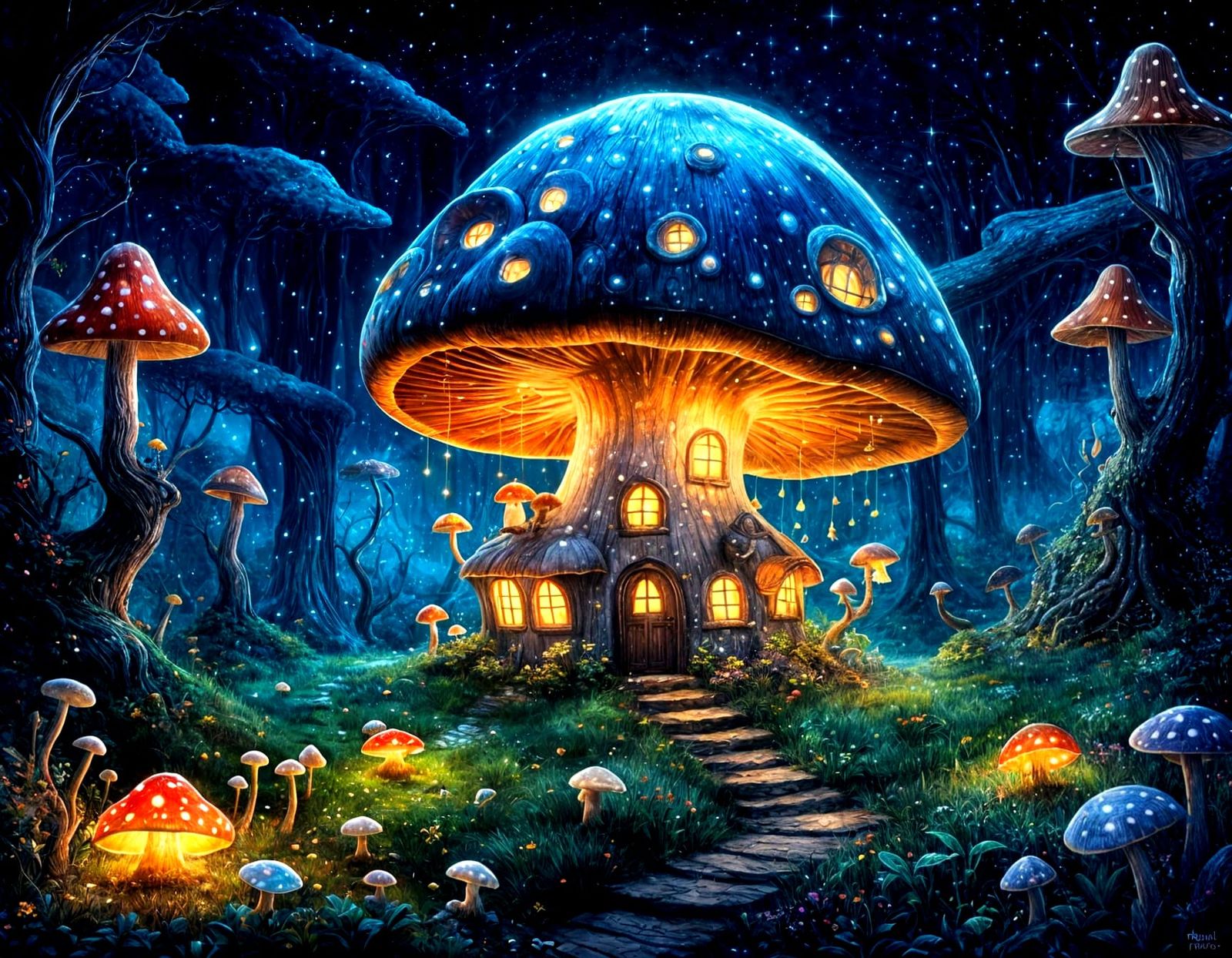 Giant mushroom house - Surreal Starry Night Scene with a Whi...