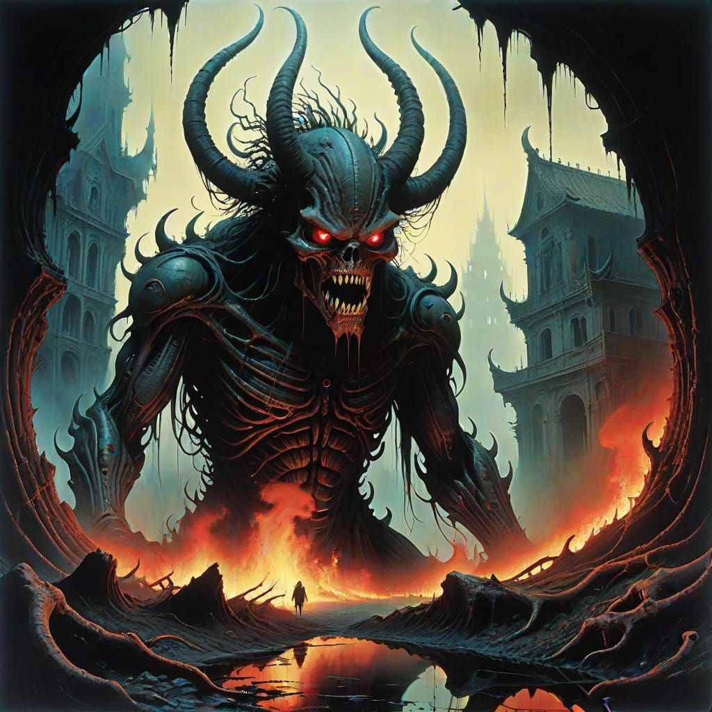 Twisted Demons Pour Forth from Ruined City in Dark... - AI Art