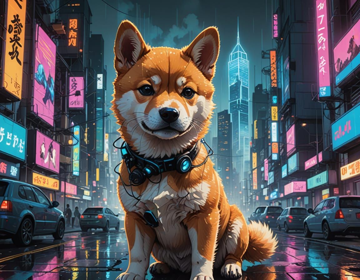 Cyberpunk Shiba Inu Puppy Amidst Neon Cityscape - AI Art
