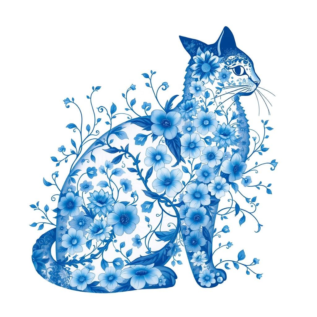 Ethereal Cat Silhouette in Whimsical Floral Patter... - AI Art