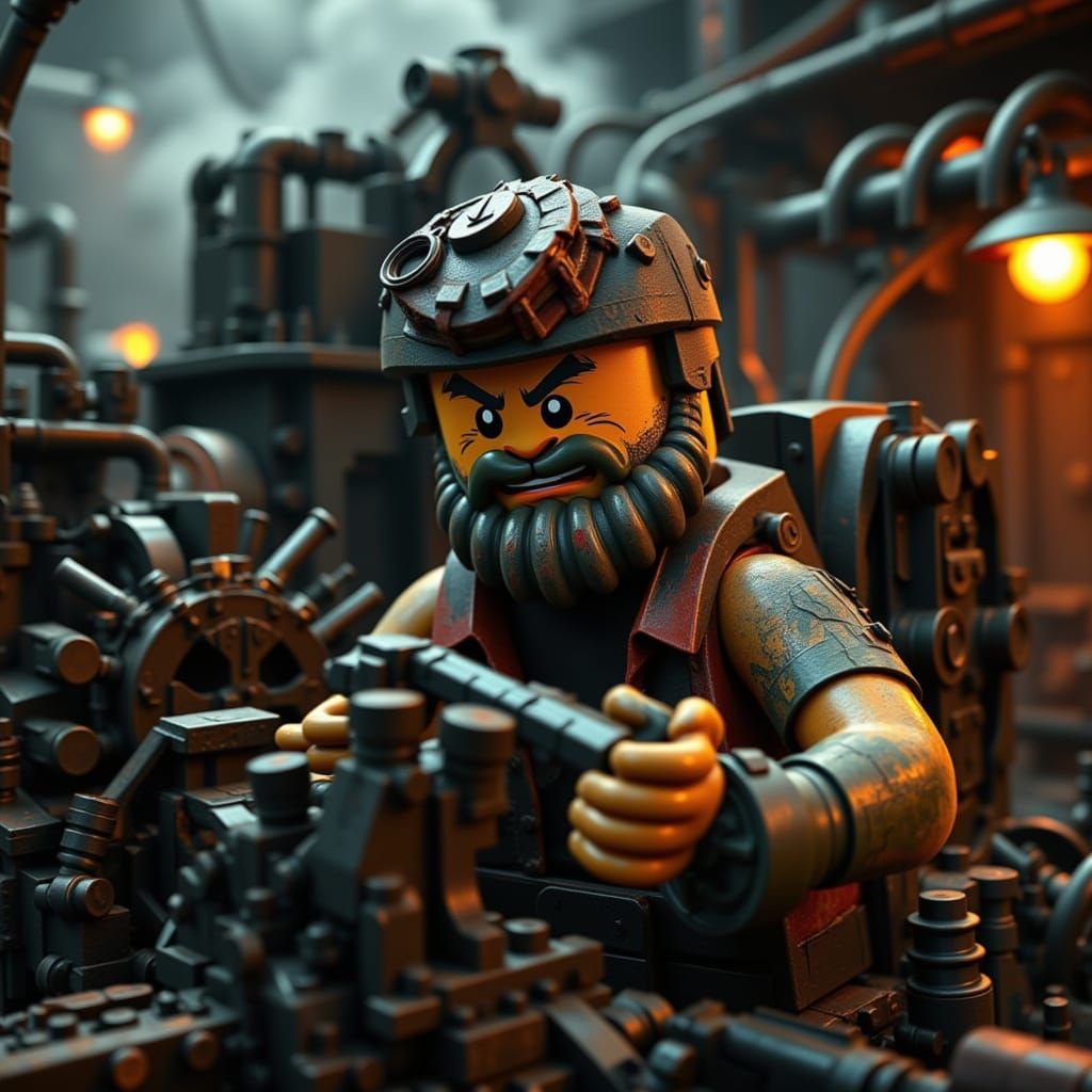 Grizzled Lego Mechanic in Dystopian Workshop - AI Art