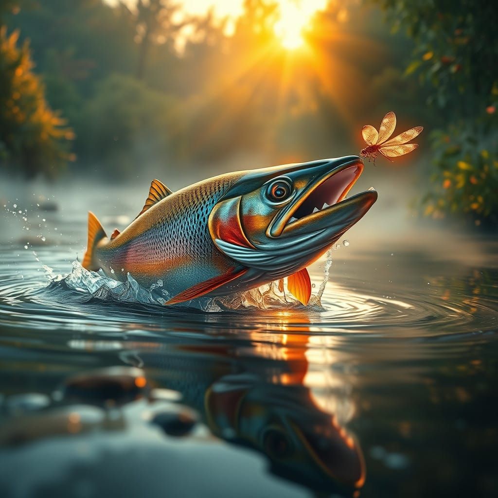 Surreal Brook Trout Breaks Surface in Sunset Lands... - AI Art