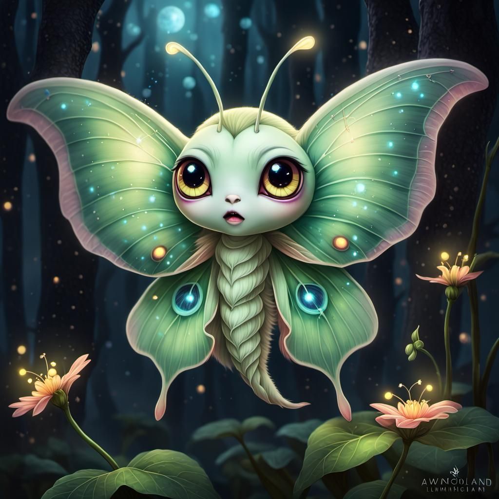 Chibi adorable luna moth with large eyes and big head on a glowing ...