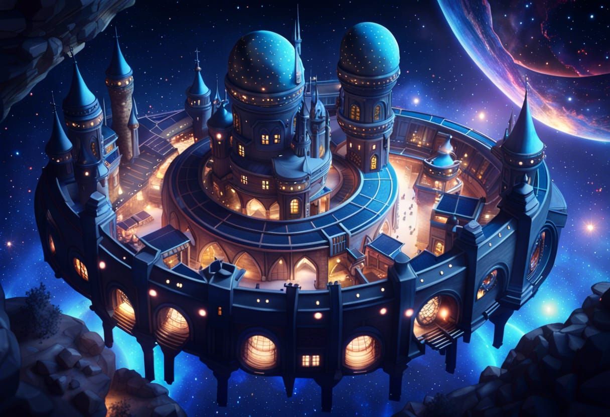 Dnd medieval space city cosmic magic starry sky orbit space station old ...