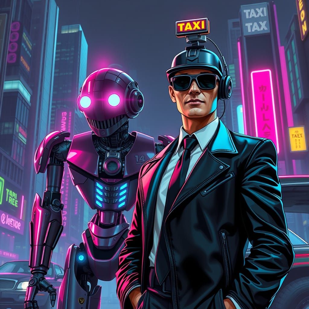 1950s Retro-Futuristic Taxi Driver and Robot in Ne... - AI Art