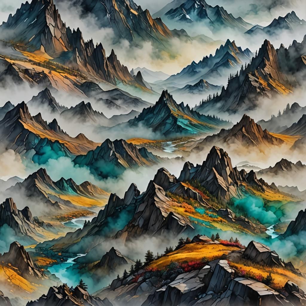 Alcohol ink foggy morning on a rocky mountain - AI Generated Artwork ...