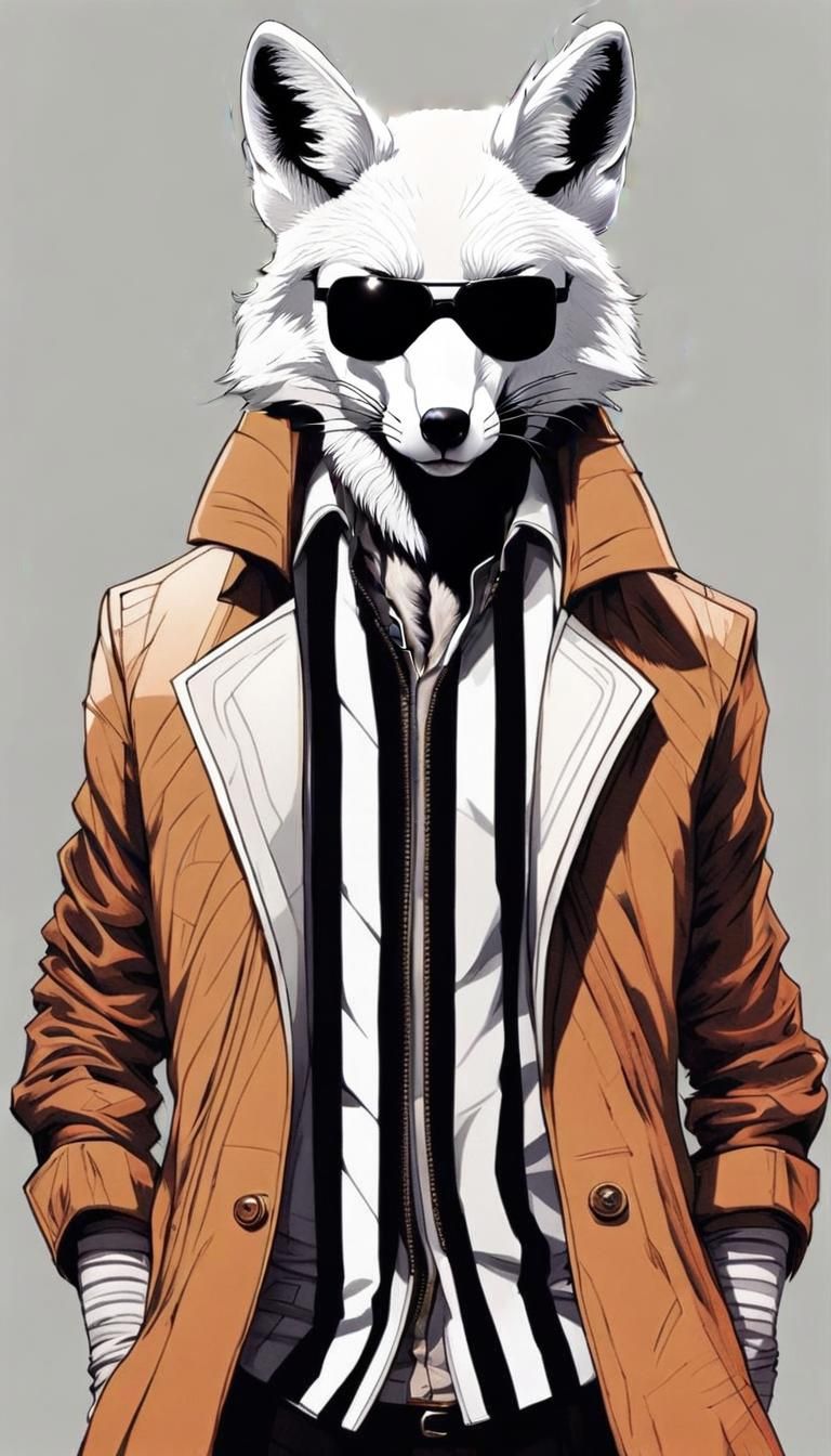 at the left half of his face a symbiotical liquid forms a white fox ...