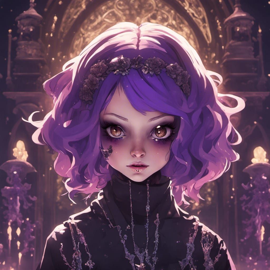 cartoon gothic girl with purple hair glittery skulls a masterpiece, 8k ...