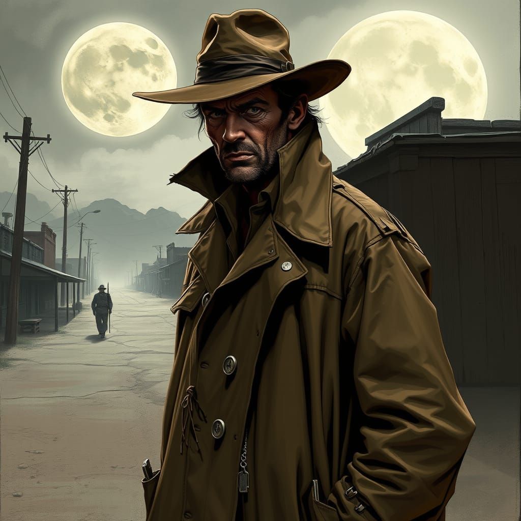 Wearing a worn, earth-toned raincoat with frayed hems and a crumpled ...