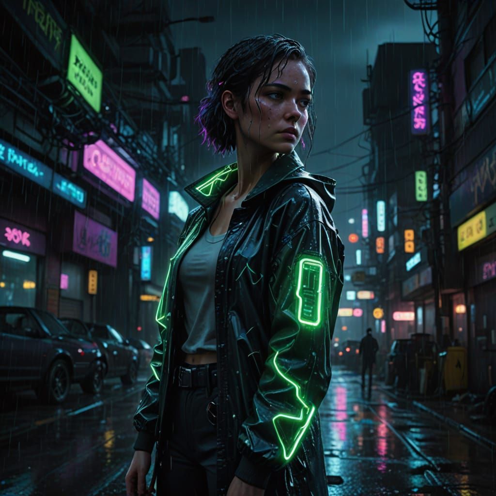 Eva - Cyberpunk Goddess Emerges from Rainy City Shadows