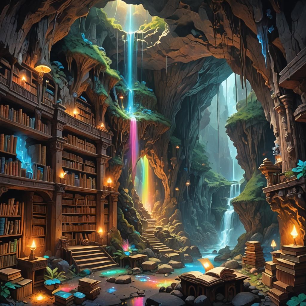 ancient library full of books and scrolls inside a cave with ...