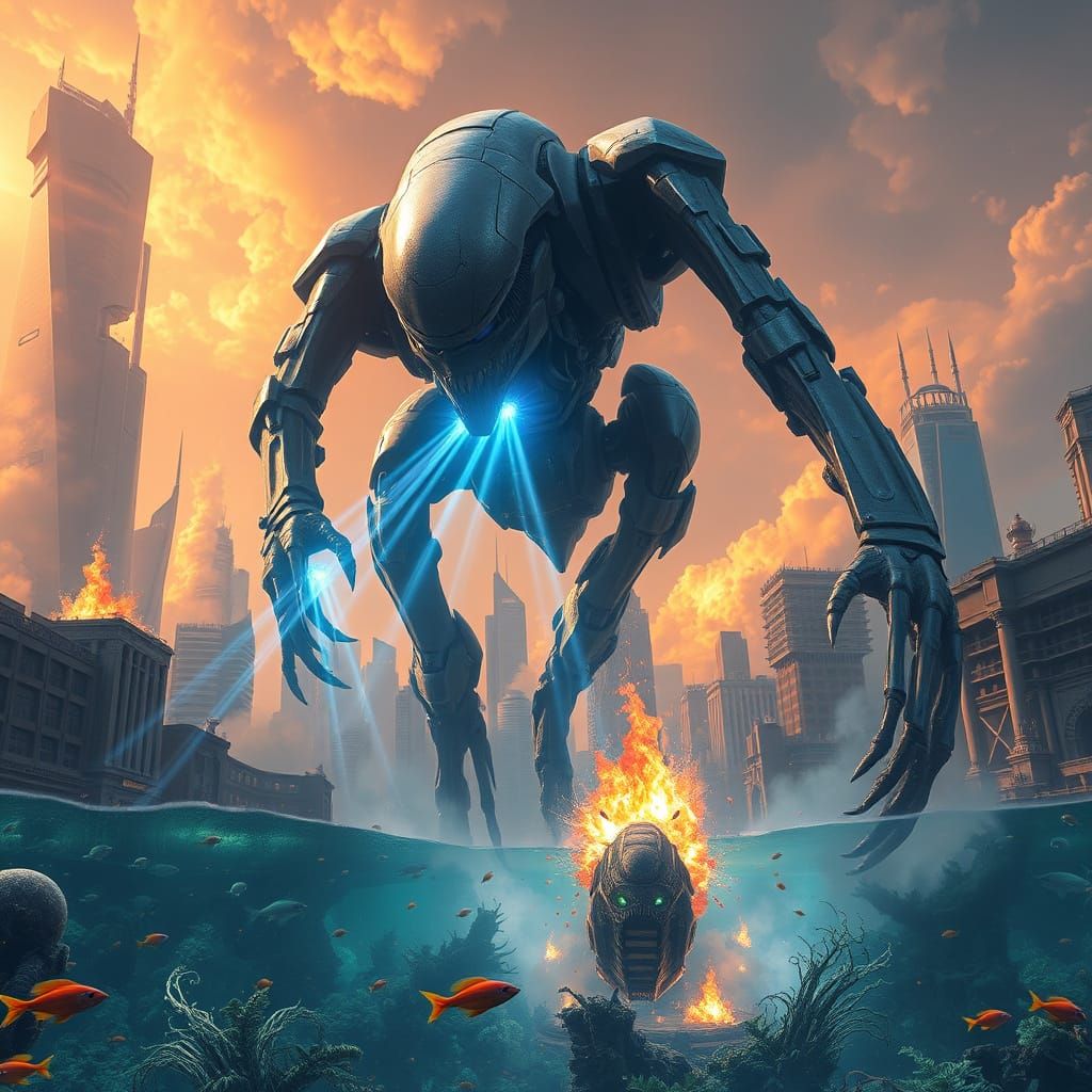 Gigantic Alien Robot Devastates Futuristic Metropo... - AI Art