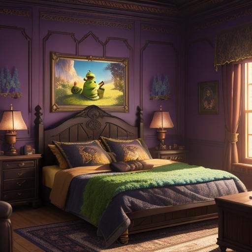 DreamWorks Shrek themed bedroom, sunny day, detailed matte painting ...