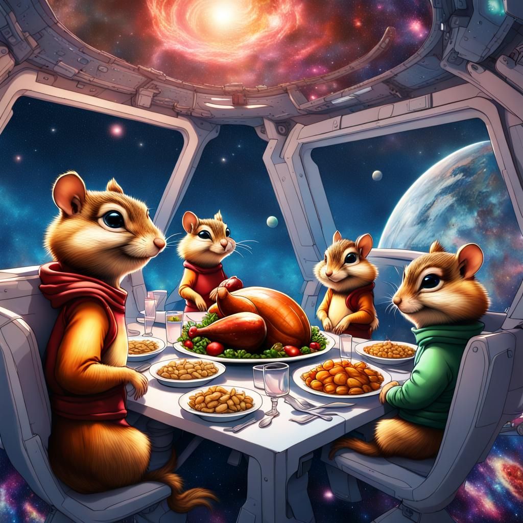 Chipmunks sitting at a Thanksgiving feast in space. - AI Generated Artwork - NightCafe Creator