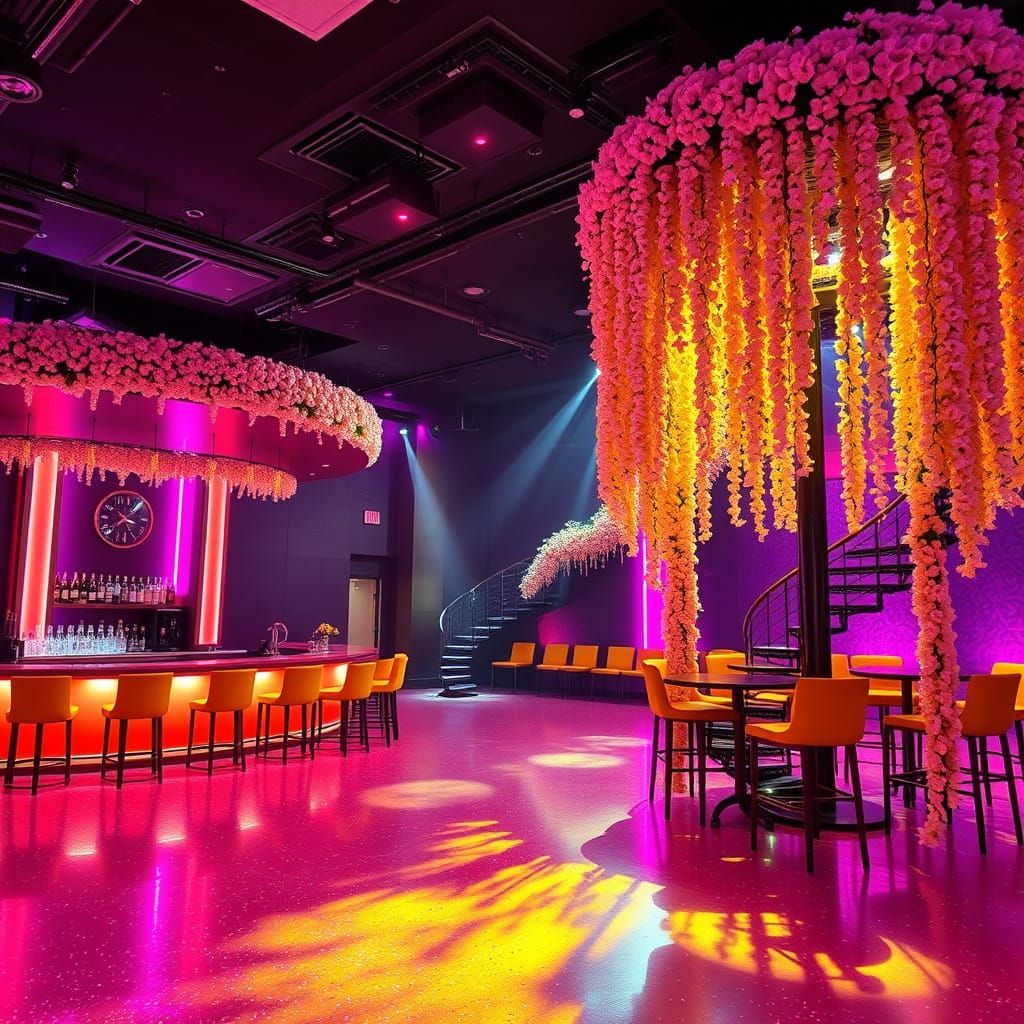 Interior of a huge dance club in vibrant yellows and magenta neons ...