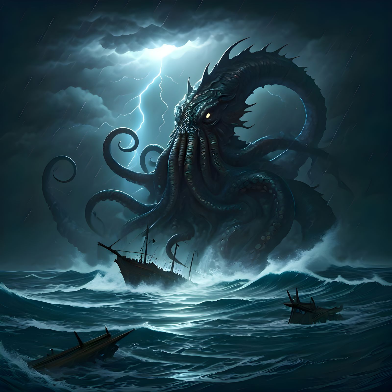 A massive, ancient Kraken with glistening, scarred tentacles rises from the depths of a stormy ...