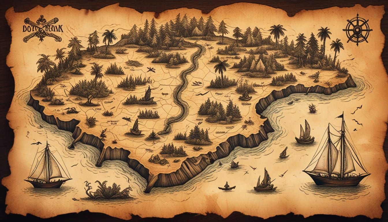 "X" - Vintage Hand-Drawn Pirate Map with Island and Treasur...