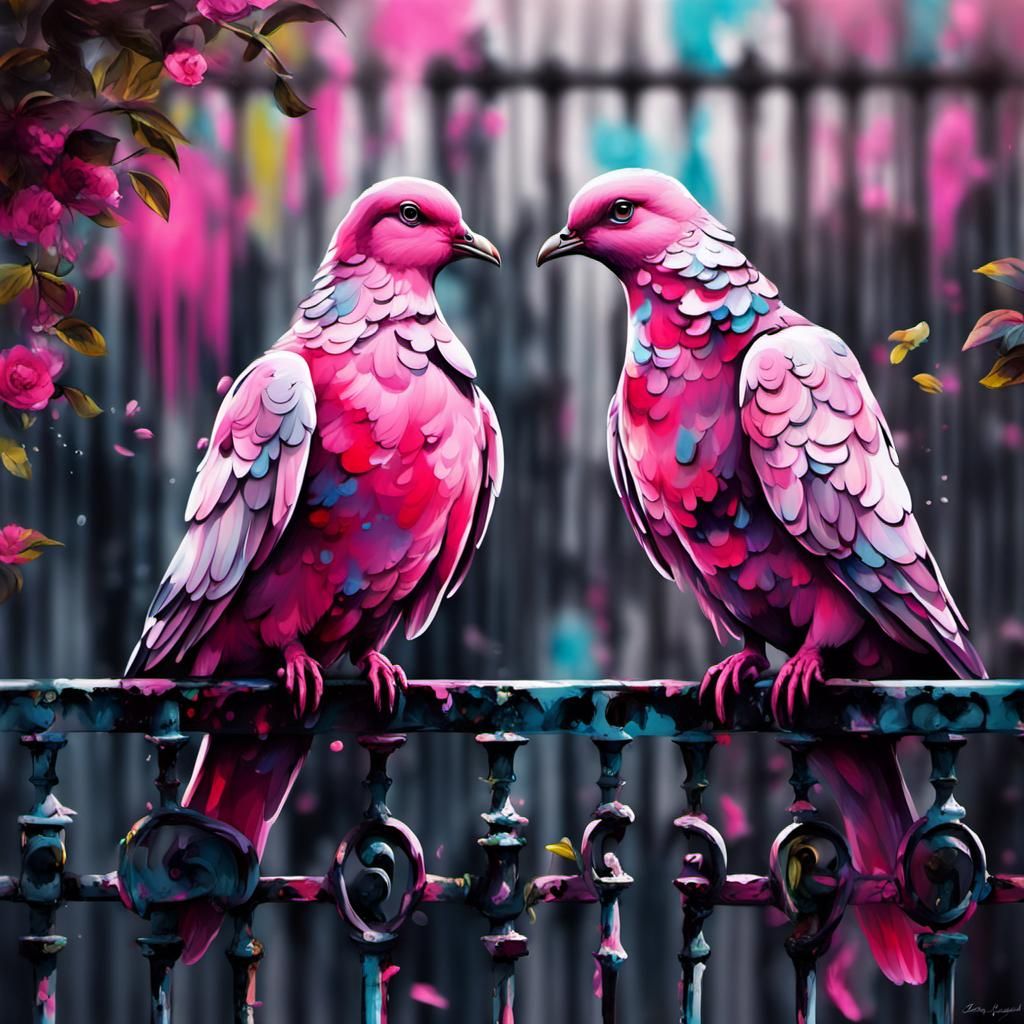 Two pink doves sitting on a wrought iron fence, while looking at each ...