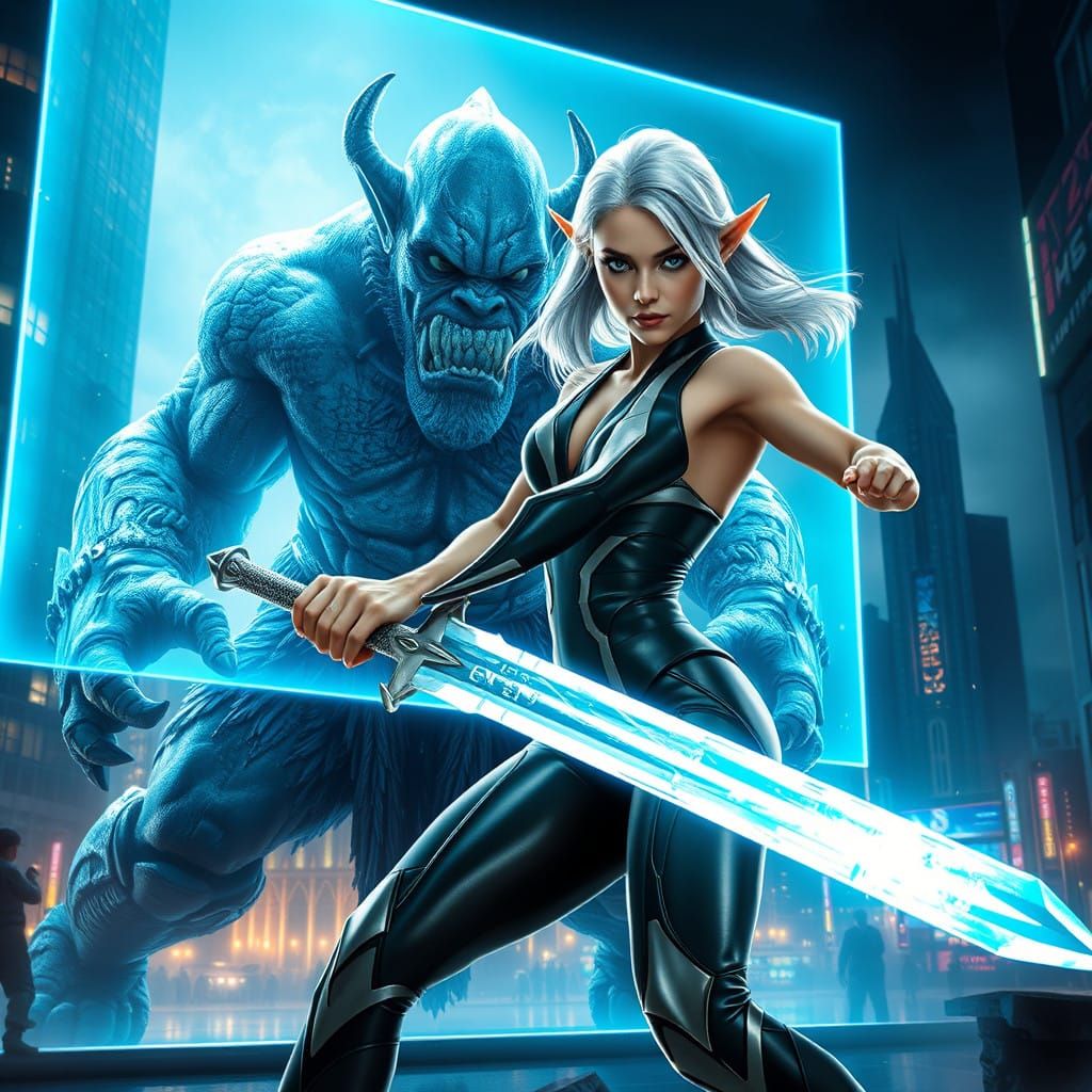 Cyberpunk Battle of Elves and Orcs in Futuristic C... - AI Art