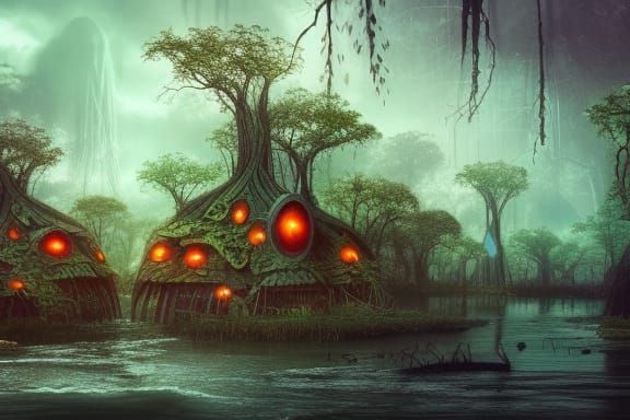 The Great Bayou, forested mangrove swamp, alien village dwellings ...