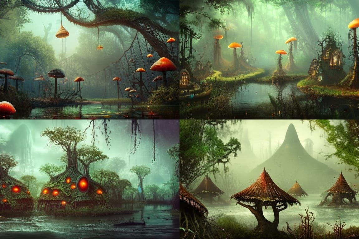 The Great Bayou, forested mangrove swamp, alien village dwellings ...