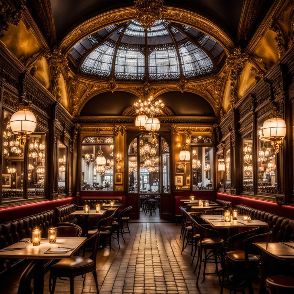 Interior of an old style Parisian Café around the year 1900 at night ...