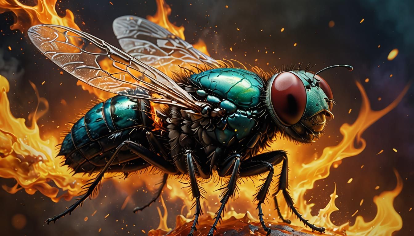a giant fly flying Hyperrealistic, on fire splash art, concept art, mid ...