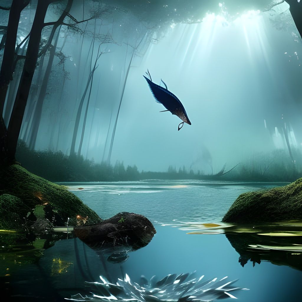 A crystal clear lake in the center of a primeval forest, flying fish ...
