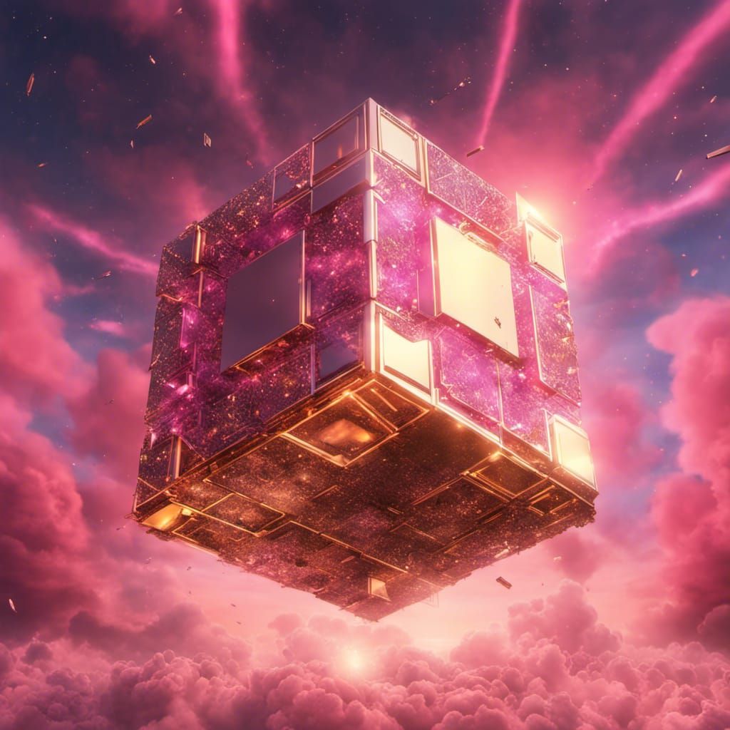 golden cube flies in the sky, pink clouds, pink dawn, heavenly glow ...