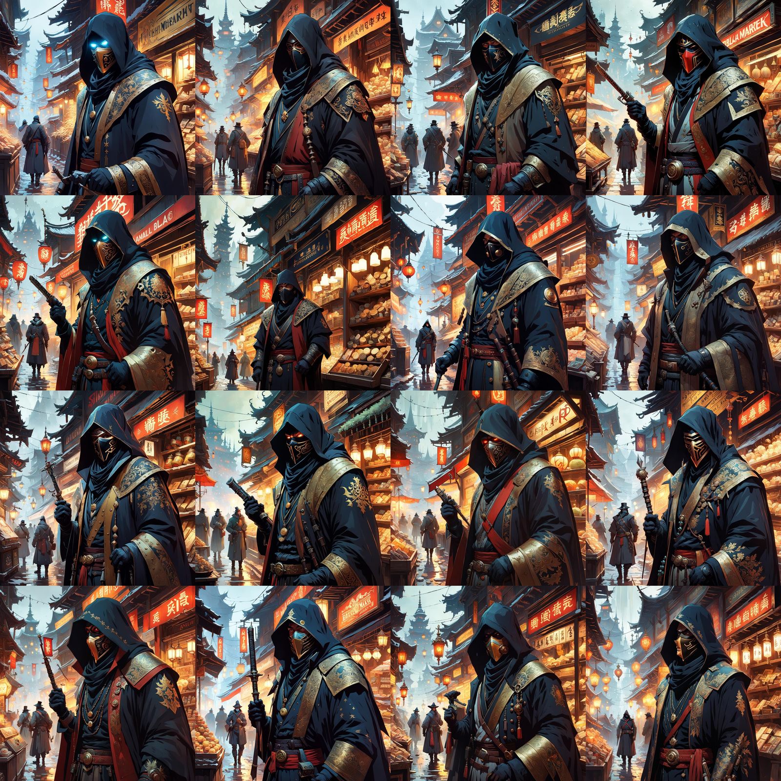 "Greedy and ominous masked merchant selling black market enchanted ...