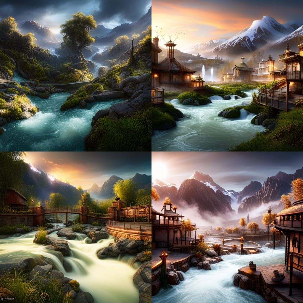 (Hot springs), multiple terraces (cold river flowing), Steam swirling ...