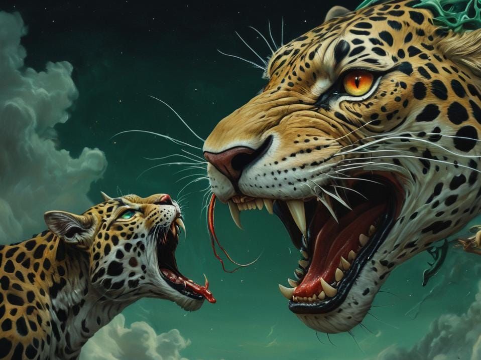 chimera female and a giant bloodthirsty toothy space leopard monster