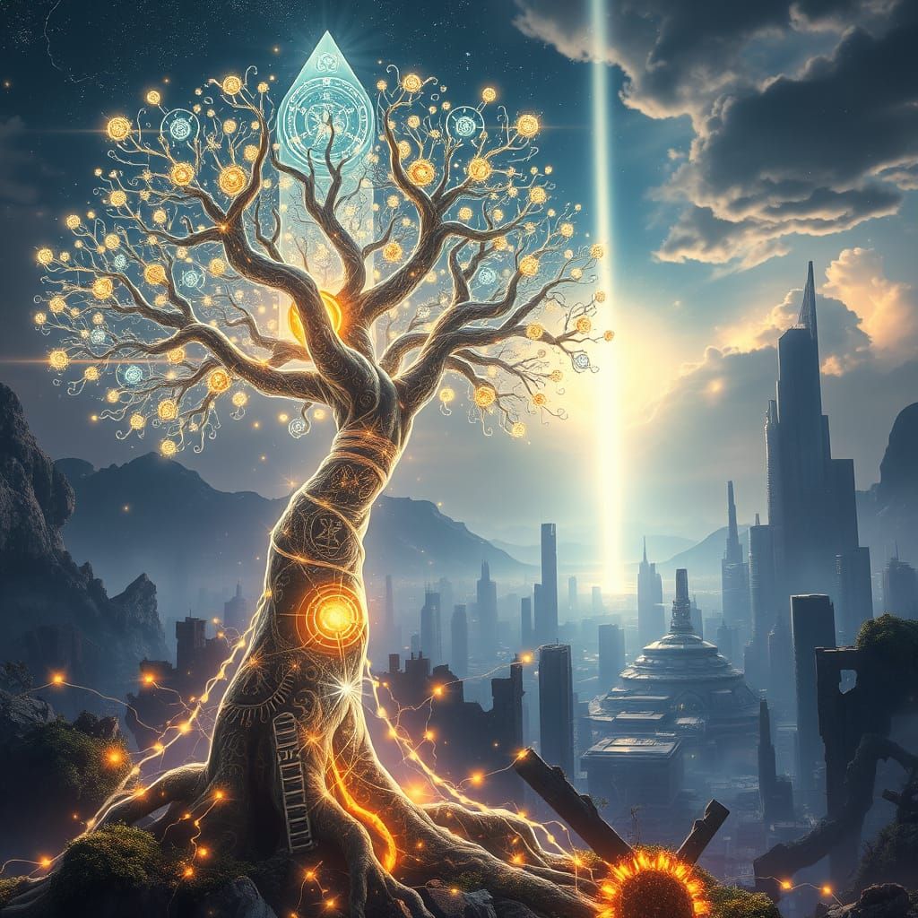Surreal Tree of Unity Rises Amidst Futuristic Ruin... - AI Art