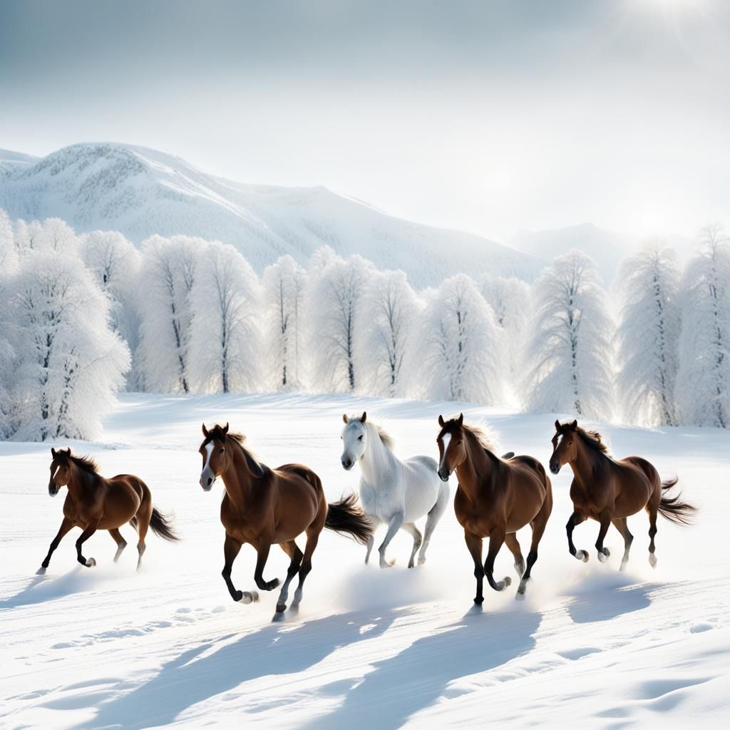 horses gallop freely through a pristine white snowscape - AI Generated ...