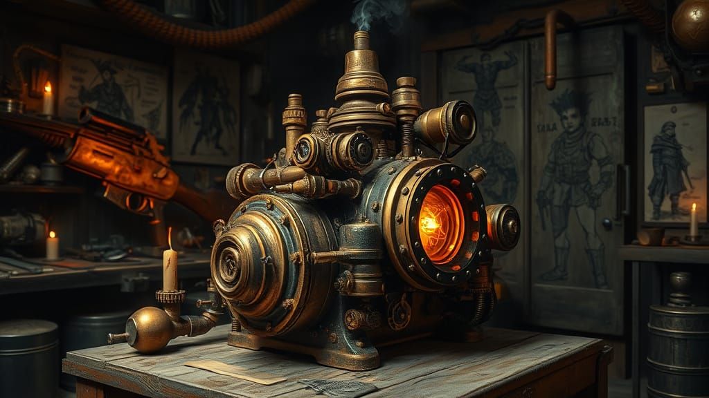 Steampunk Engine in a Post-Apocalyptic Workshop - AI Art