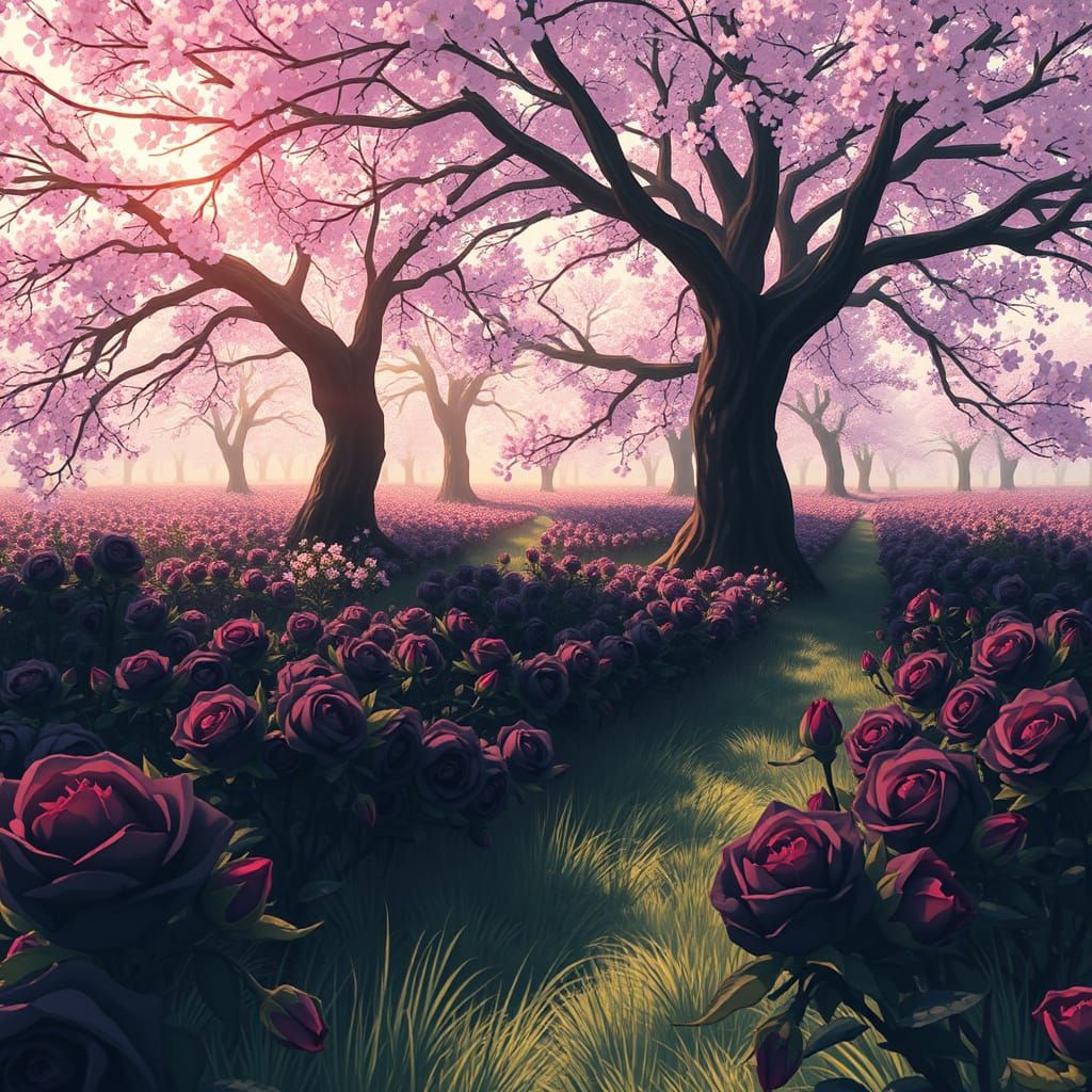 Majestic Cherry Blossoms in a Field of Black Roses - AI Art