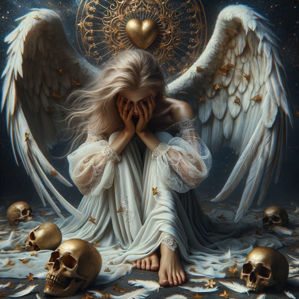 A sorrowful angel kneeling with her head bowed and face in her hands ...