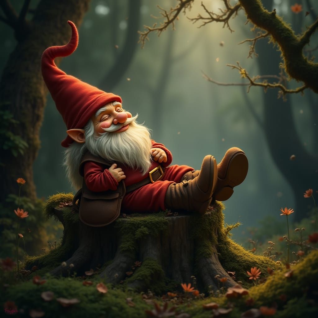 Whimsical Red Gnome Reclines in Dark Forest Sanctu... - AI Art